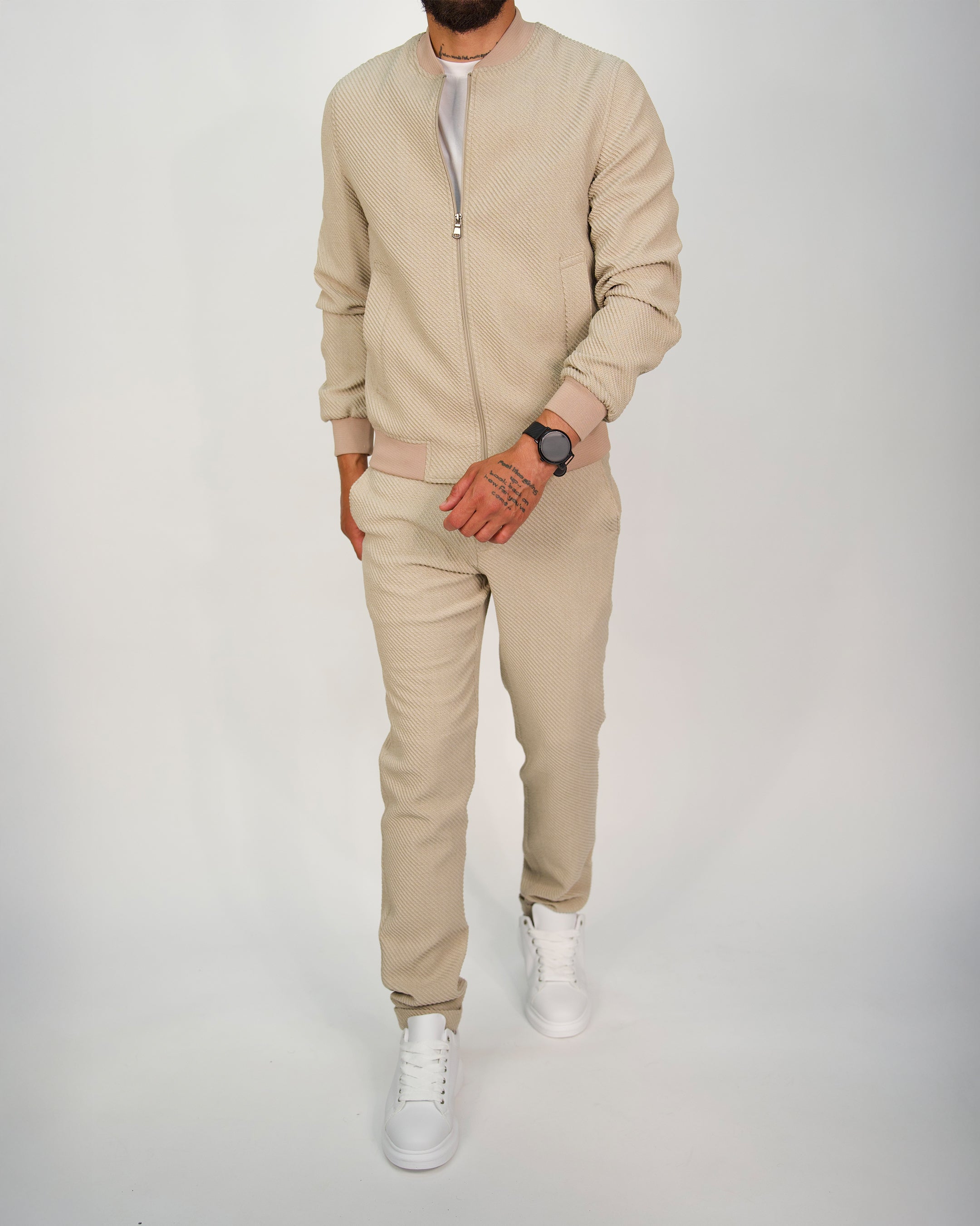 Beige Ribbed Zip-Up Tracksuit – Milano Couture