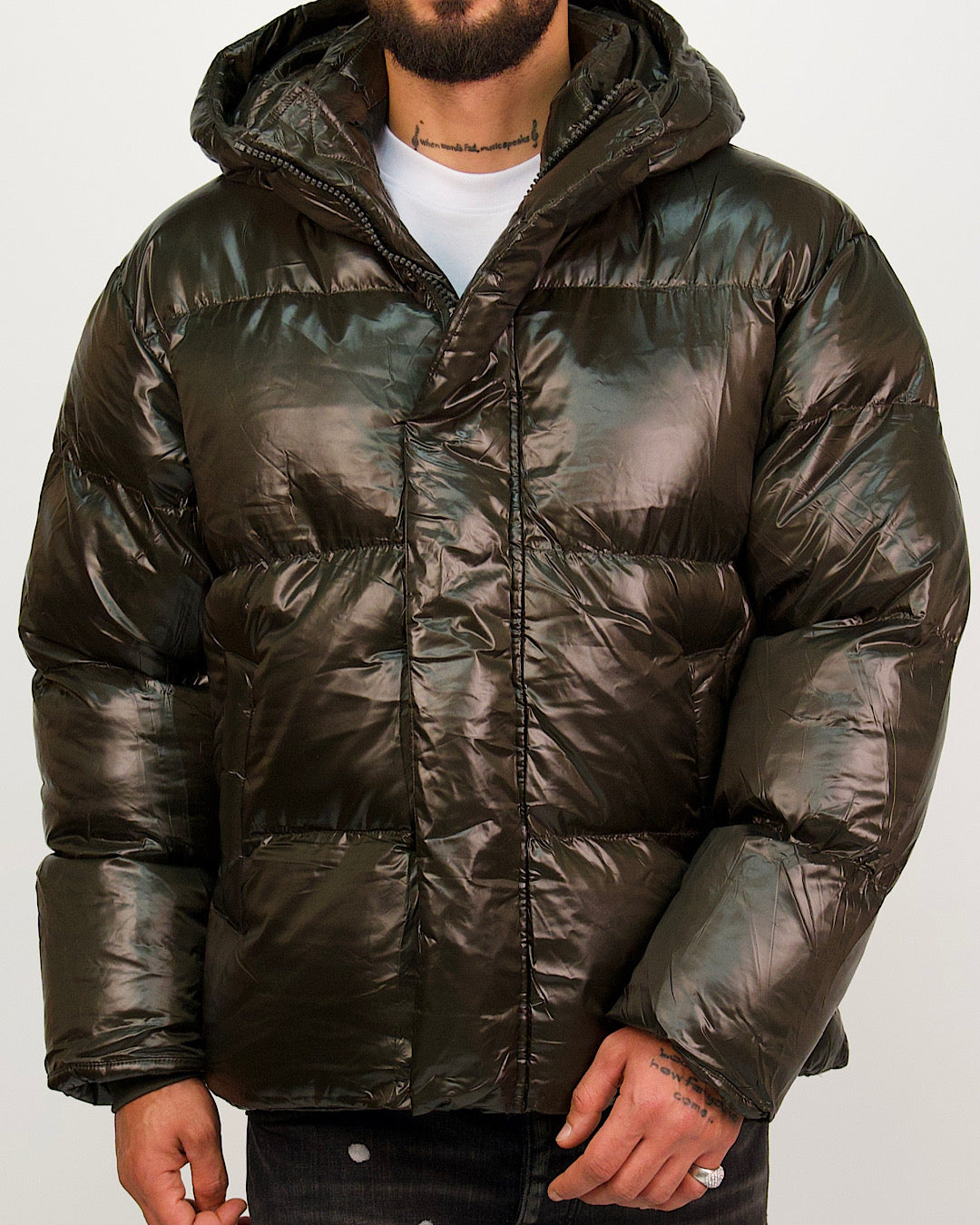 Men’s High Shine Puffer Jacket | Green | Milano Couture