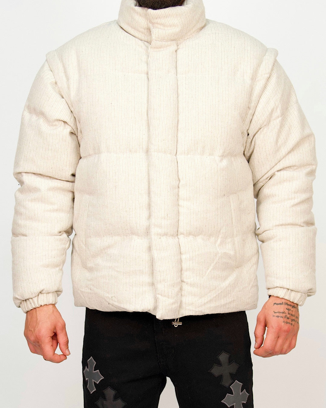 Men’s Ribbed Soft-Weave Puffer Jacket | Beige | Milano Couture